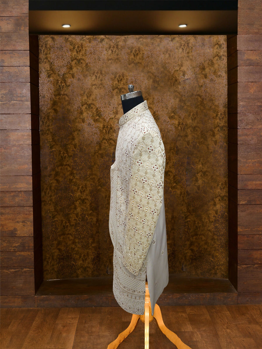 Timeless White Silk Sherwani with Churidar and Detailed Embroidery – Design Duality Inc.